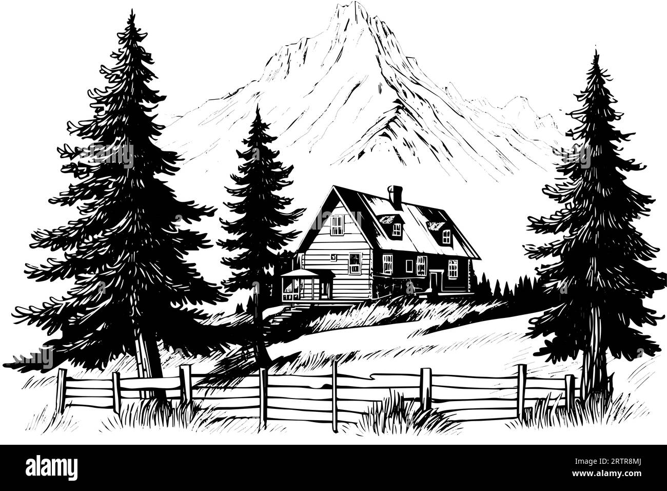 Mountain rural landscape hand drawn ink sketch. Engraving vintage style ...