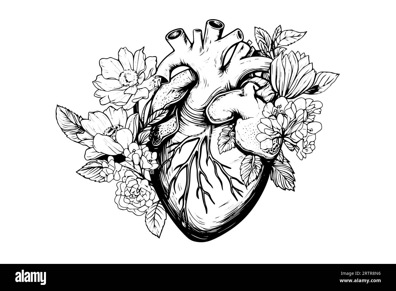 Valentine day card vintage illustration. Floral anatomical heart ...