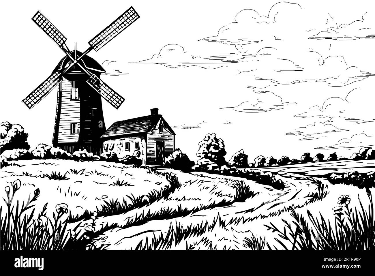 Rural landscape with a Windmill and farm. Hand drawn vector ...
