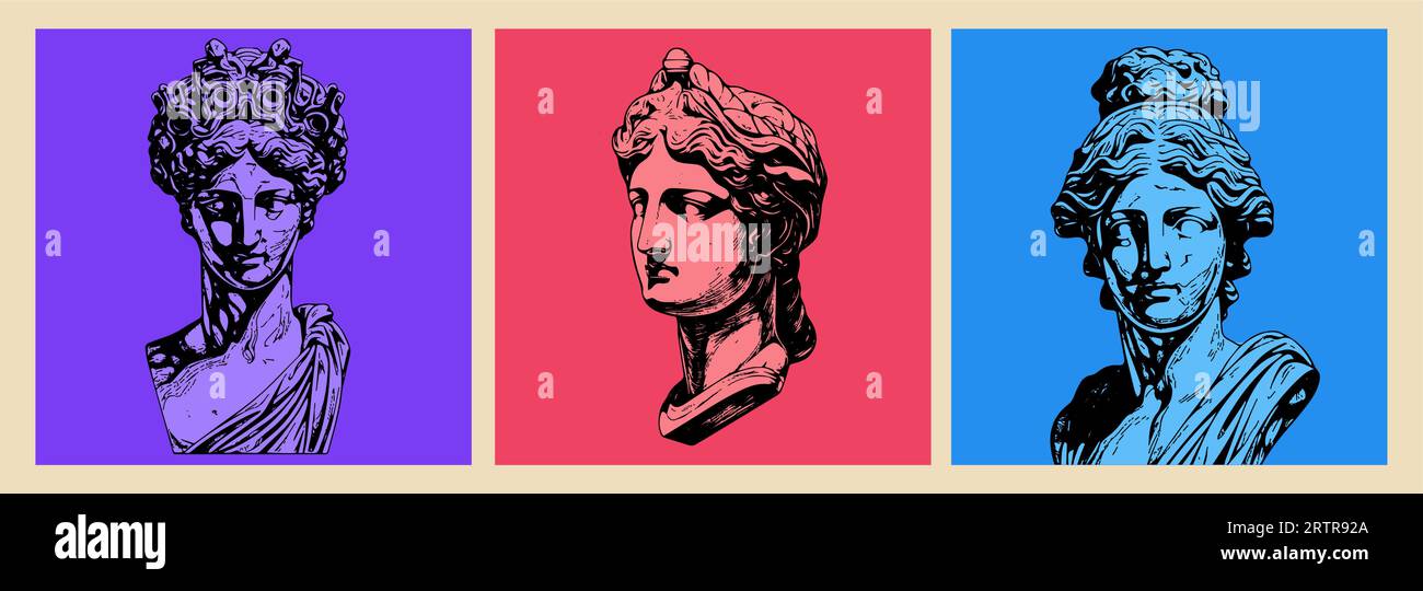 Set of color antique statue head of greek sculpture sketch engraving ...