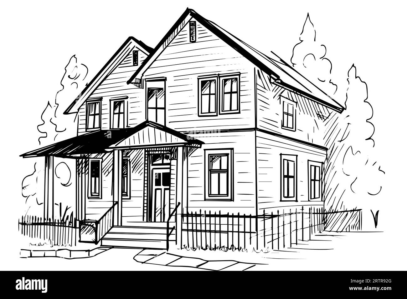Vector black and white ink sketch of vintage wooden house. Engraving ...
