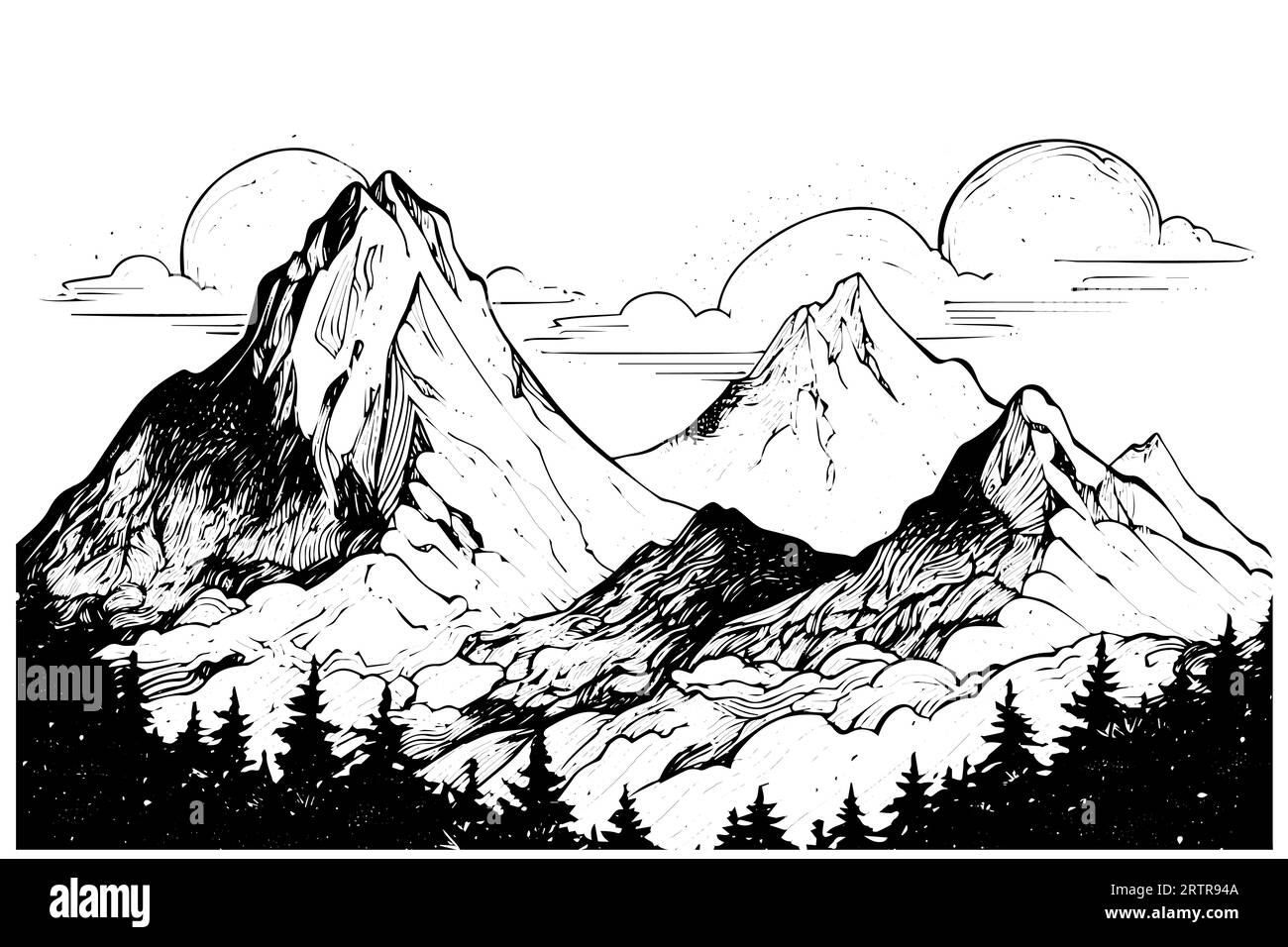 Hand drawn ink sketch of mountain with pine trees landscape. Engraved ...