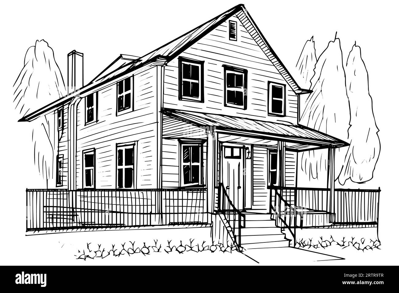 Vector black and white ink sketch of vintage wooden house. Engraving ...