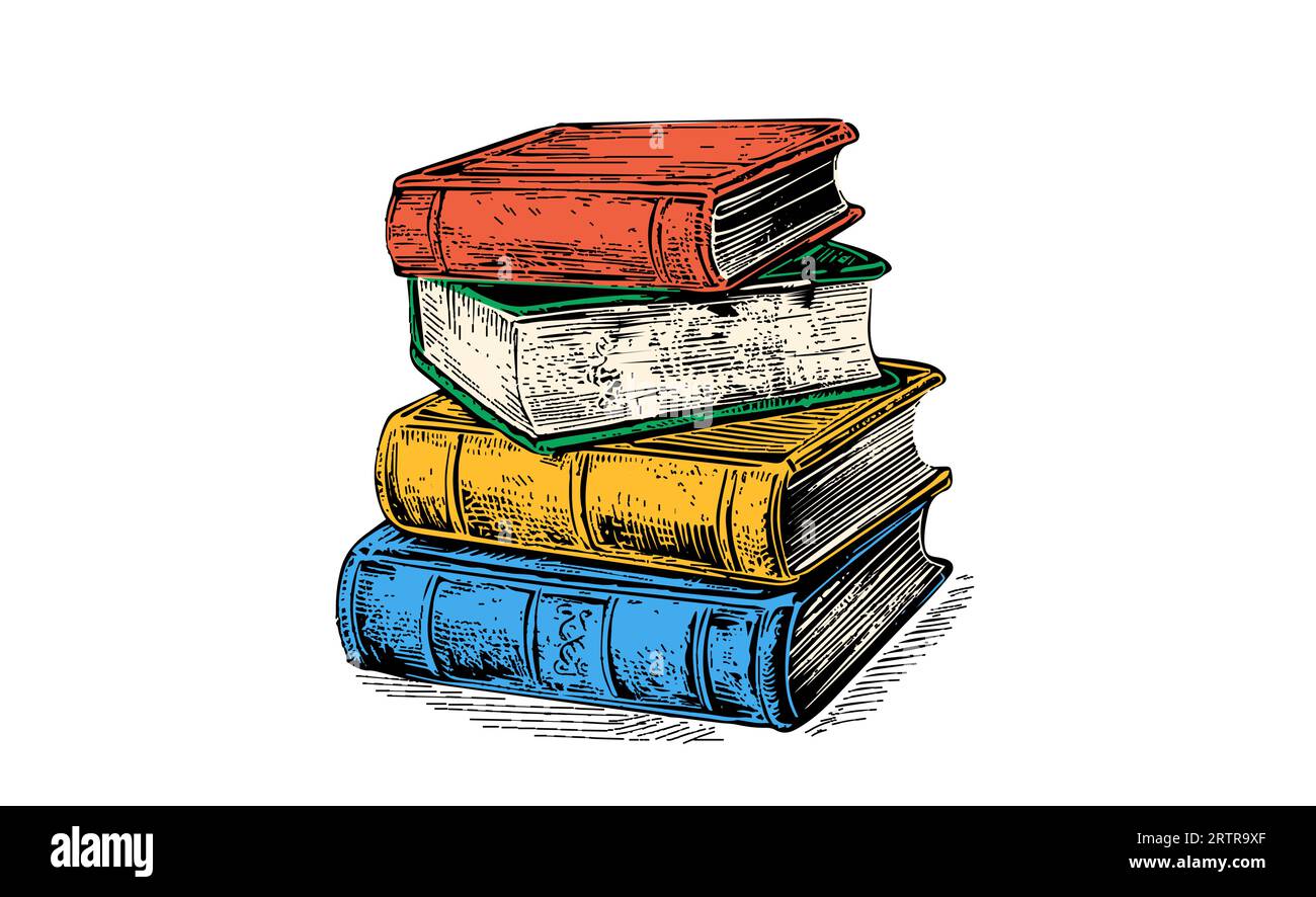 Sketch engraving stack of books. Hand drawn vector illustration. Color ...