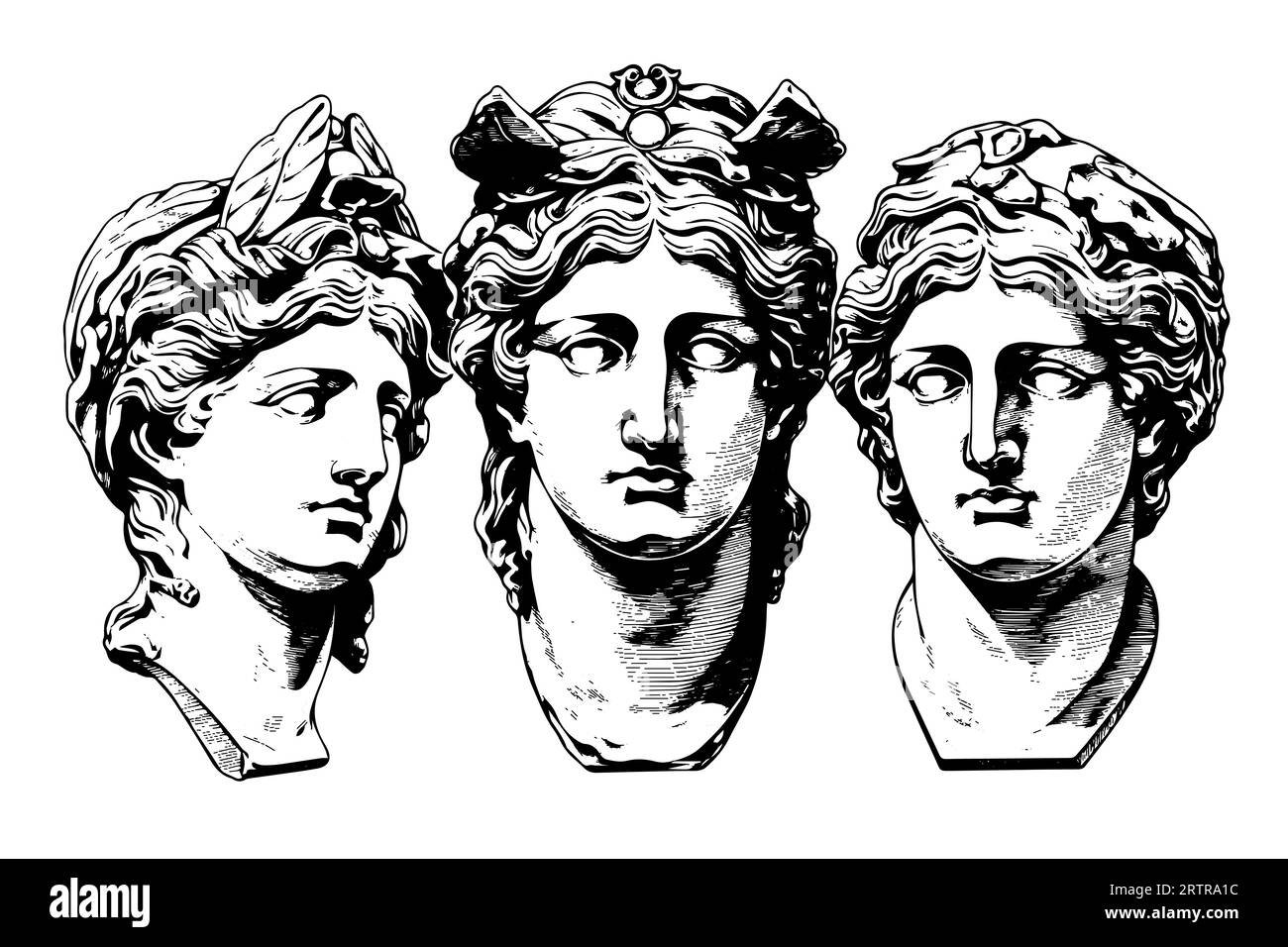 Set of antique statue head of greek sculpture sketch engraving style ...