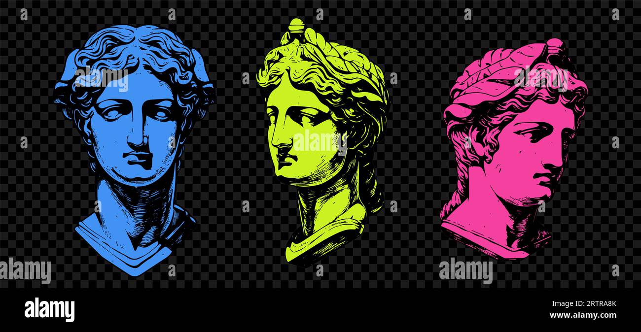 Set of color antique statue head of greek sculpture sketch engraving ...