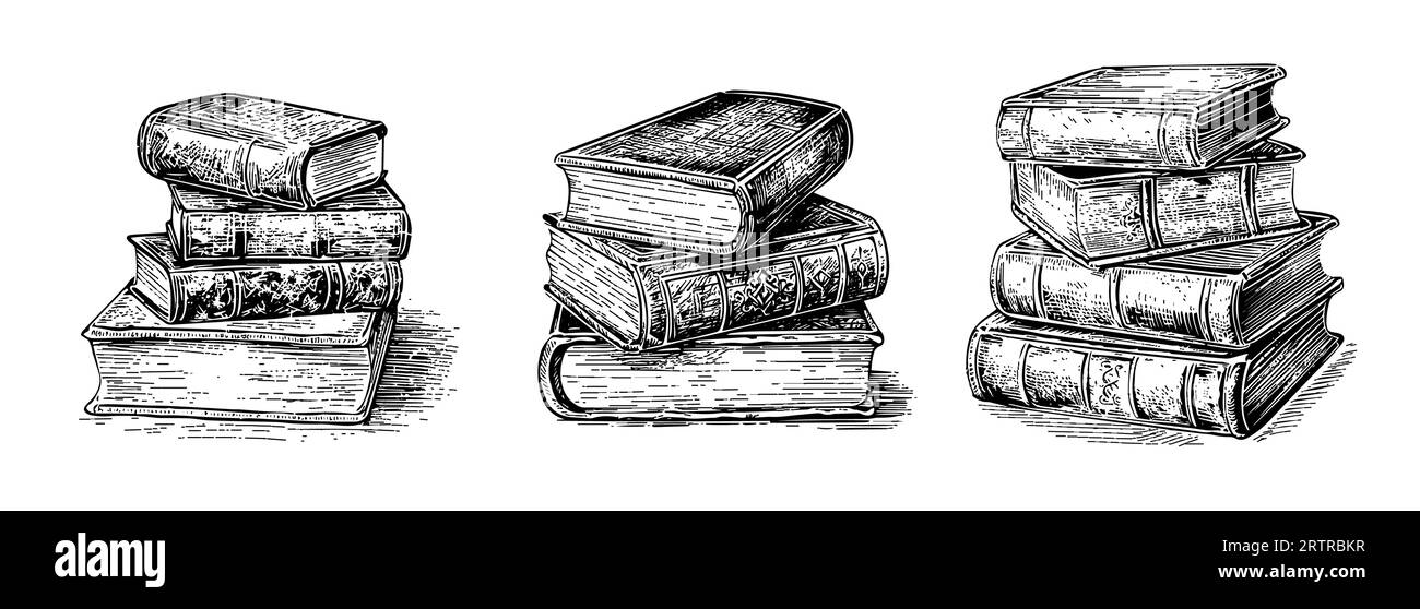 Sketch engraving stack of books set. Hand drawn vector illustration ...