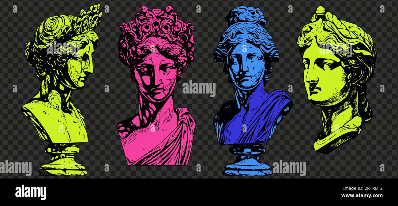 Set of color antique statue head of greek sculpture sketch engraving ...