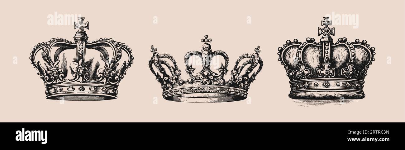 Vector hand drawn crown set. Vintage engraved pack sketch illustration ...