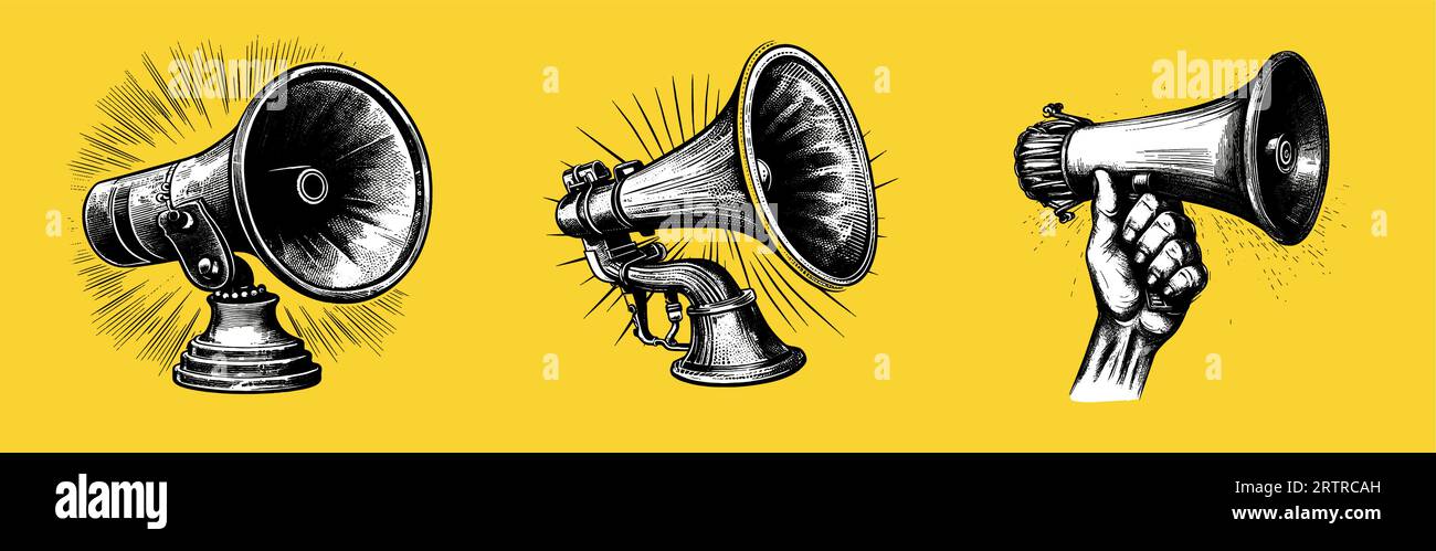 Retro hand drawn set of megaphone. Realistic sketch of loudspeaker. Vector illustration pop art ...