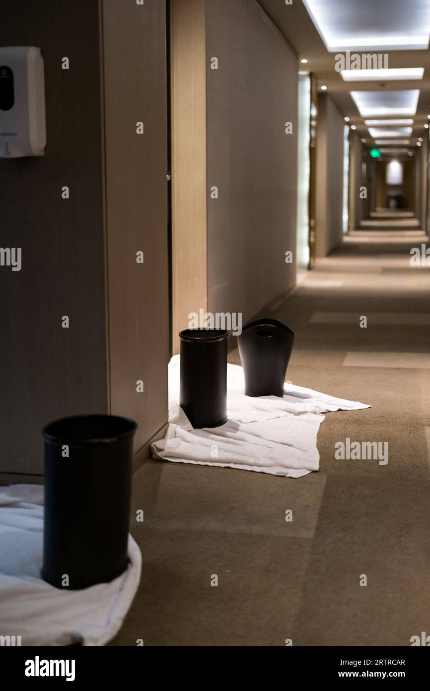 Los Angeles, USA. 21 Aug, 2023. Flooding in a hallway after a storm ...