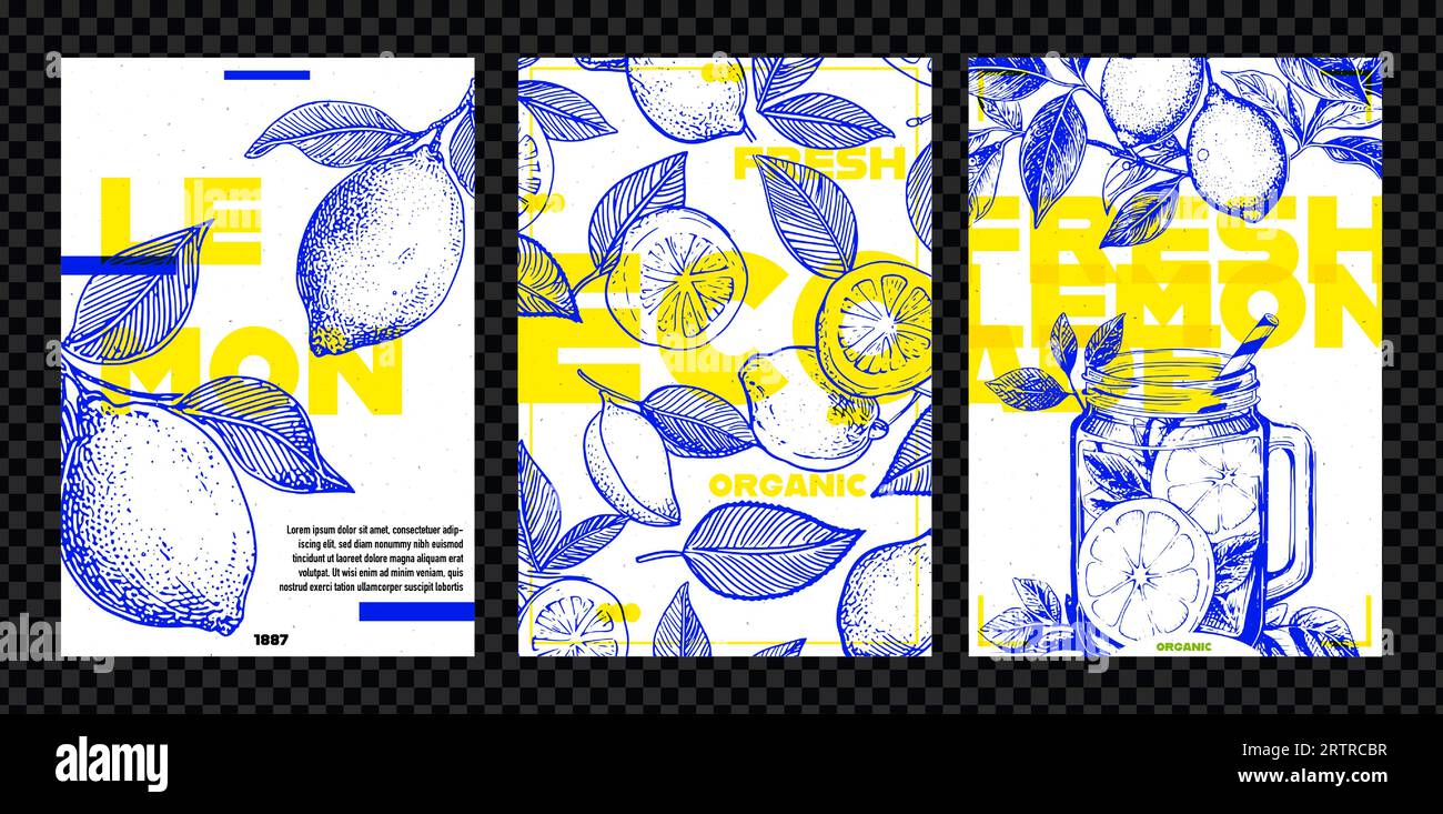 Hand drawn lemon fruits posters set. Blue and yellow vector ...