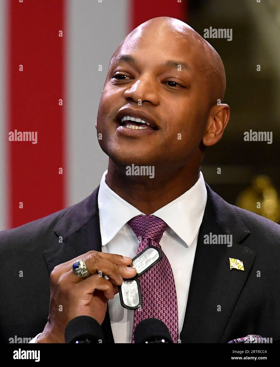 Largo, United States. 14th Sep, 2023. Maryland Gov. Wes Moore displays ...