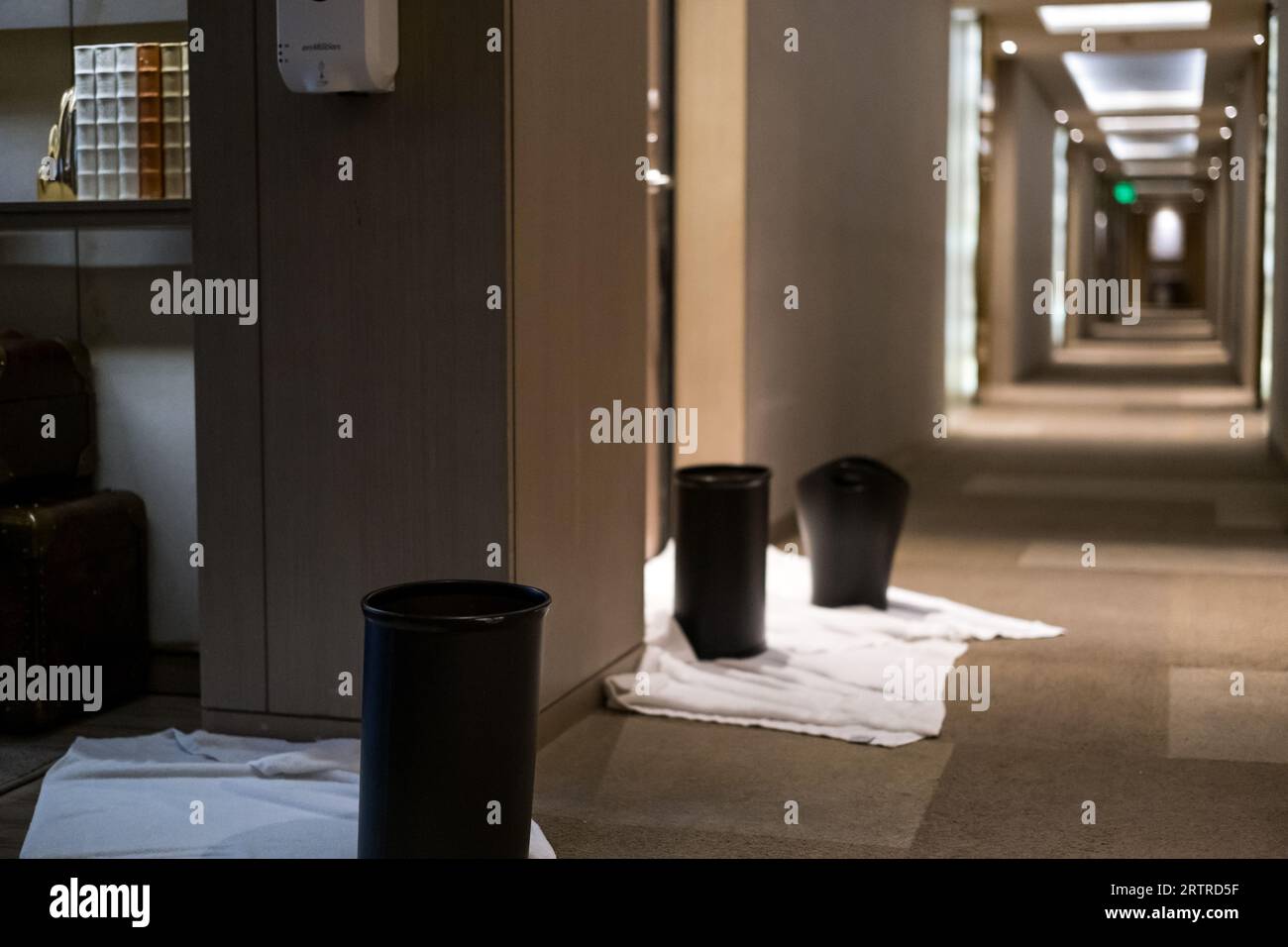 Los Angeles, USA. 21 Aug, 2023. Flooding in a hallway after a storm ...