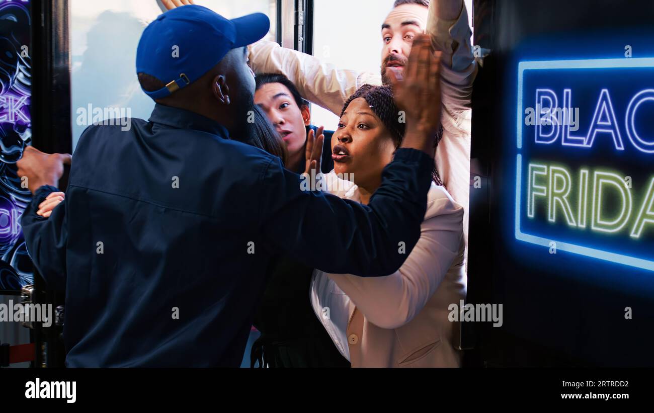 Diverse shoppers argue with security guard, waiting for black friday ...