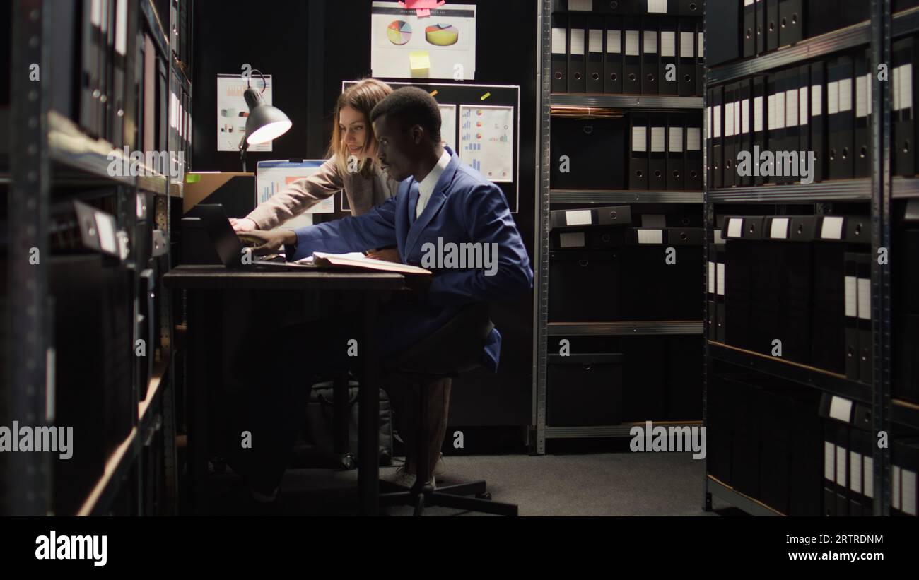 Male detective inspector and female private investigator debating over ...