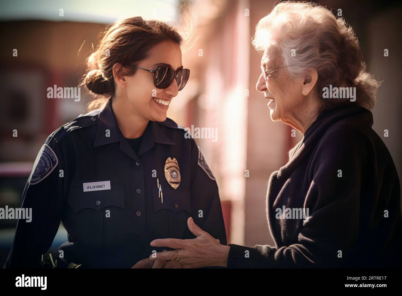 Friendly female police officer helps elderly Stock Photo - Alamy