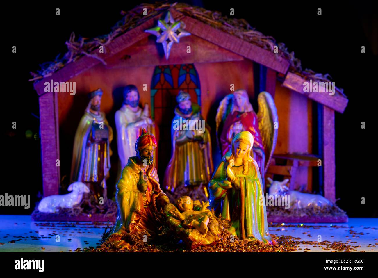 Nativity scene with figures. Christmas scene of born child baby Jesus ...
