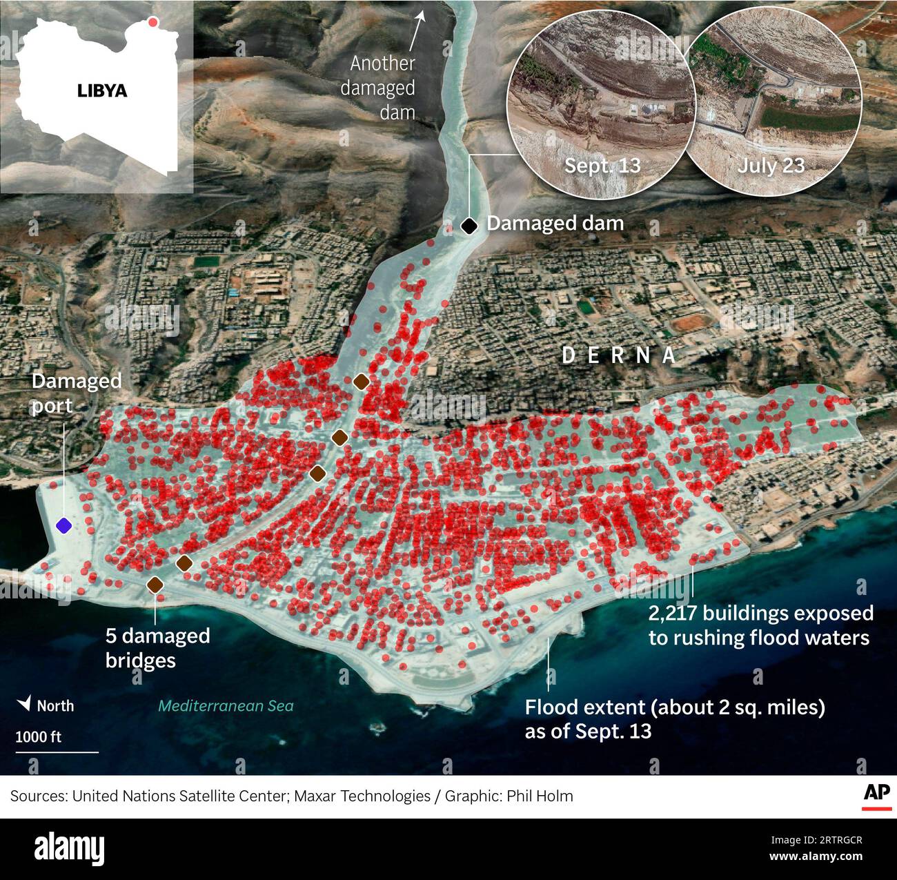 Map shows the flood damage extent in Derna, Libya Stock Photo - Alamy