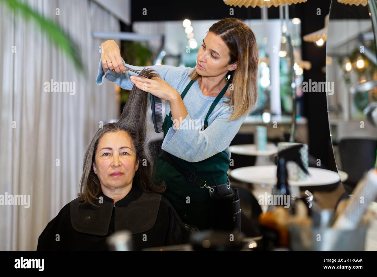 Woman hair stylist making haircut to aged female client Stock Photo - Alamy