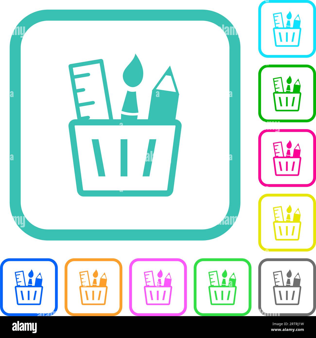 Drawing tools outline vivid colored flat icons in curved borders on ...