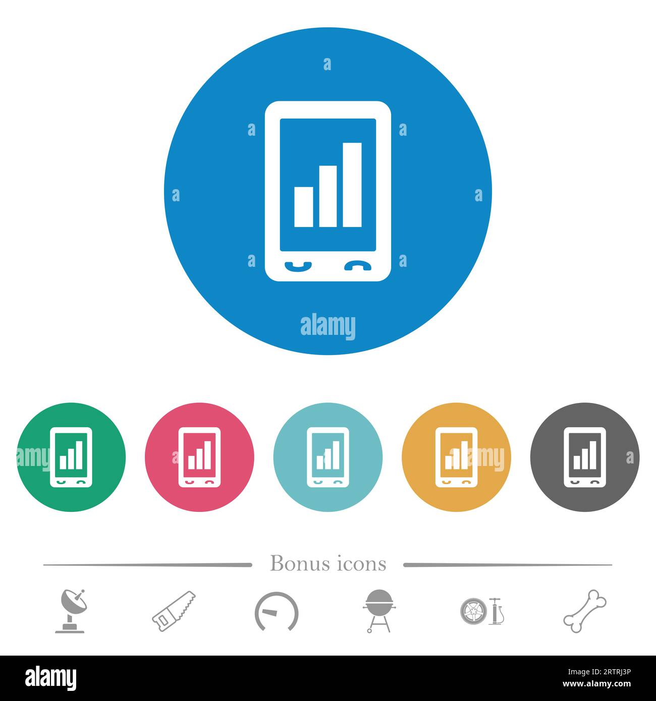 Mobile signal strength flat white icons on round color backgrounds. 6 ...