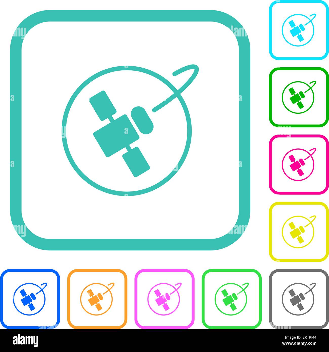 Satellite in orbit solid vivid colored flat icons in curved borders on ...