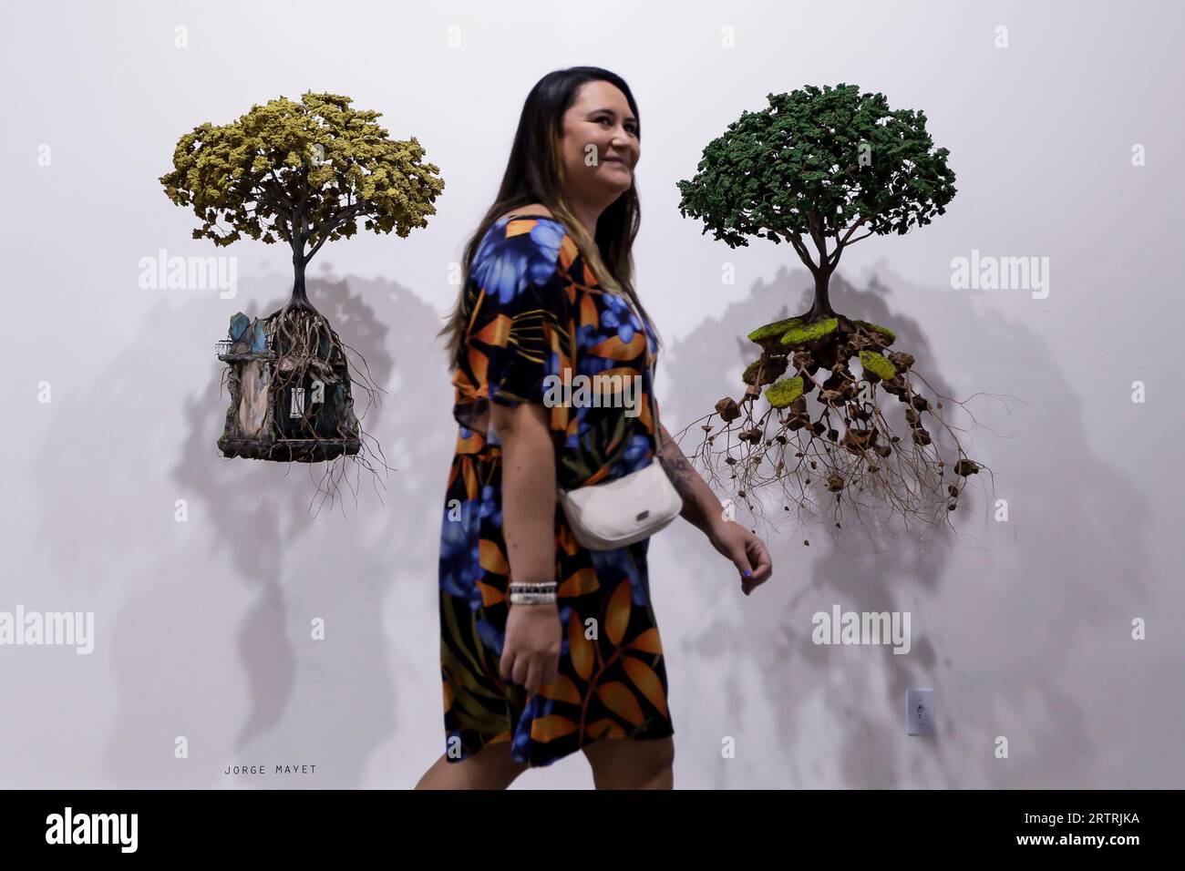 A woman walks in front of a sculpture by Jorge Mayet from the Inox ...