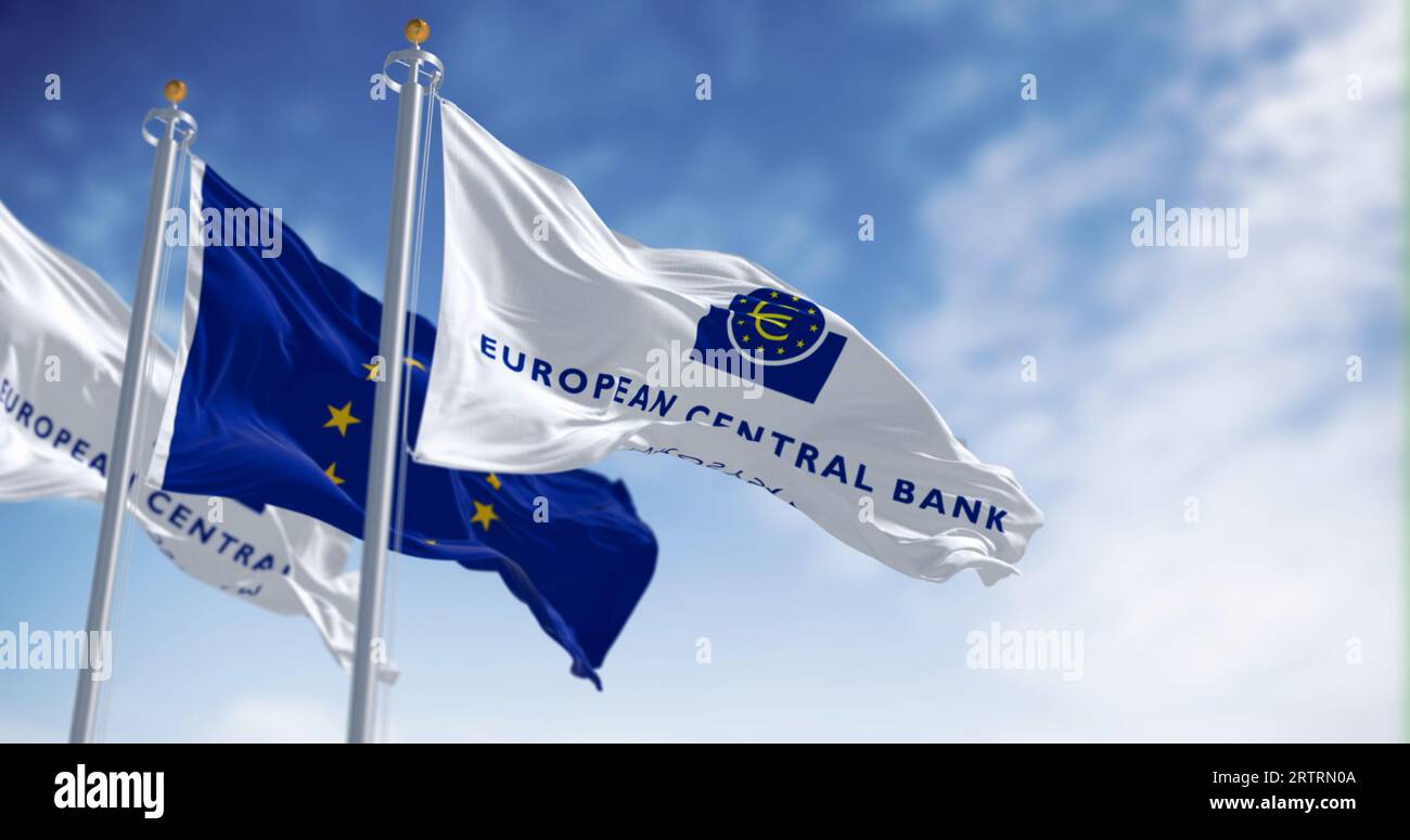 Frankfurt, DE, March 18 2023: Flags of the European Central Bank and ...