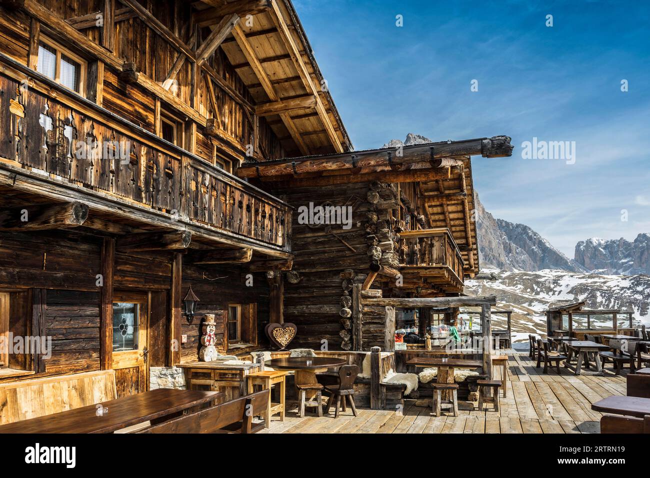 Snow-covered mountains and ski hut, winter, Seceda, Val Gardena ...
