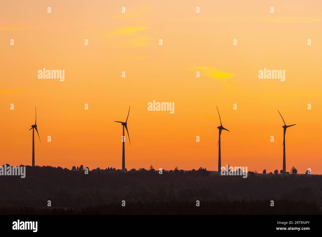 Renewable energies, wind turbine in front of sunrise, wind farm, Baden ...