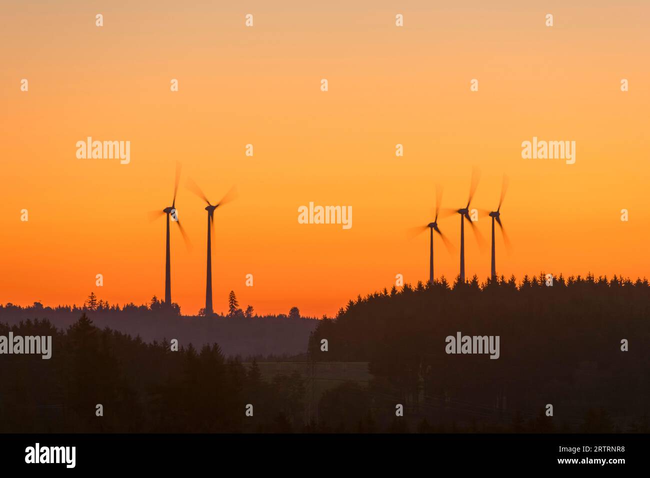 Renewable energies, wind turbine in front of sunrise, wind farm, Baden ...