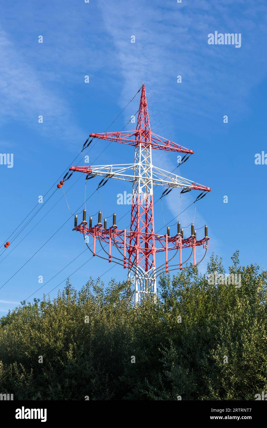 High-voltage pylon, red and white, power lines, overhead lines, Baden ...