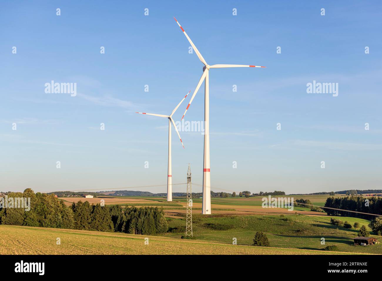 Renewable energies, wind turbine, wind turbines in a field, overhead ...