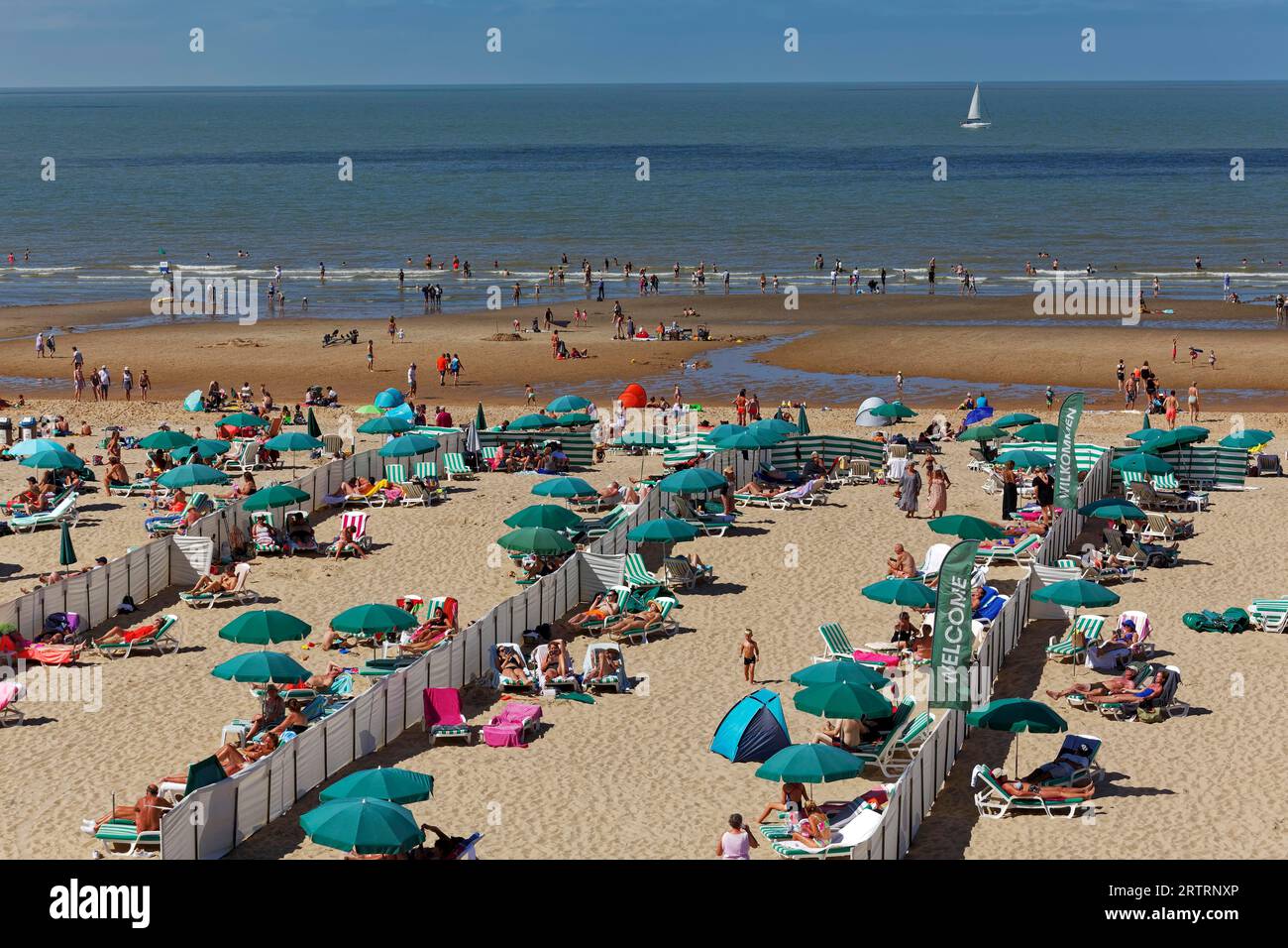 Beach on the Belgian coast in summer, De Haan, Le Coq, West Flanders ...