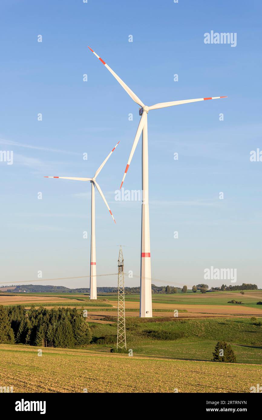 Renewable energies, wind turbine, wind turbines in a field, overhead ...