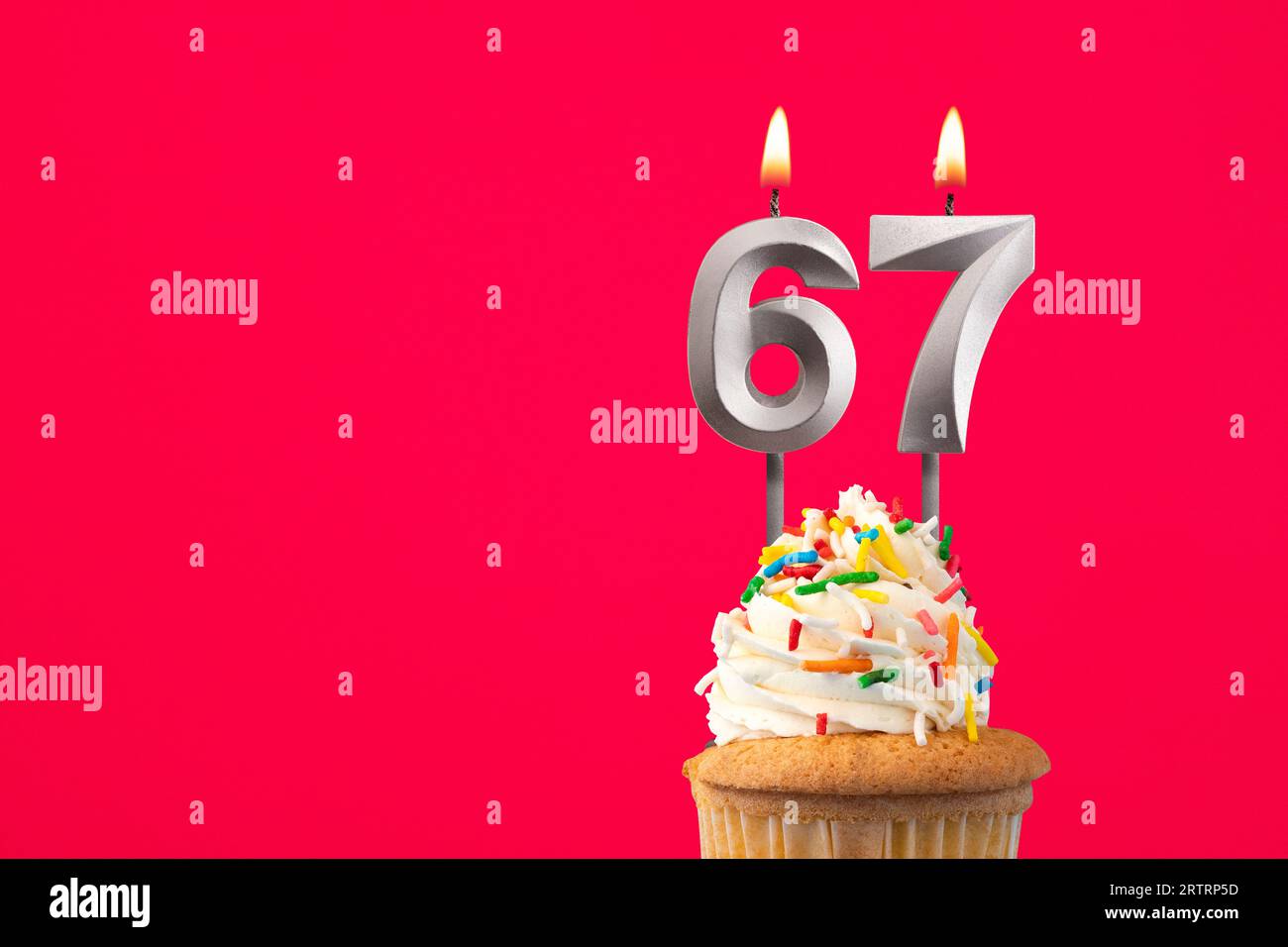 Horizontal birthday card with cake - Burning candle number 67 Stock ...