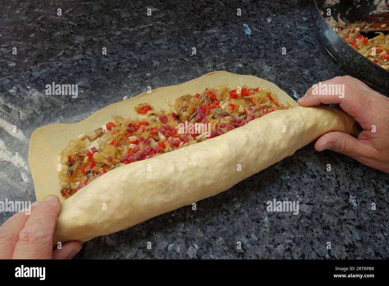 Swabian cuisine, preparing hearty potato strudel, raw potato dough ...