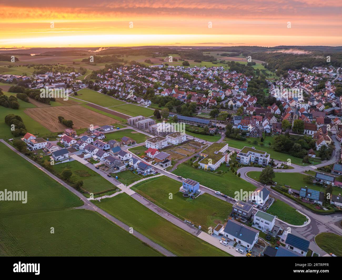 Aerial view small town at sunset, Black Forest, Gechingen, Germany ...