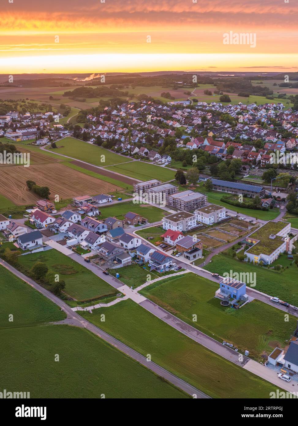 Aerial view small town at sunset, Black Forest, Gechingen, Germany ...