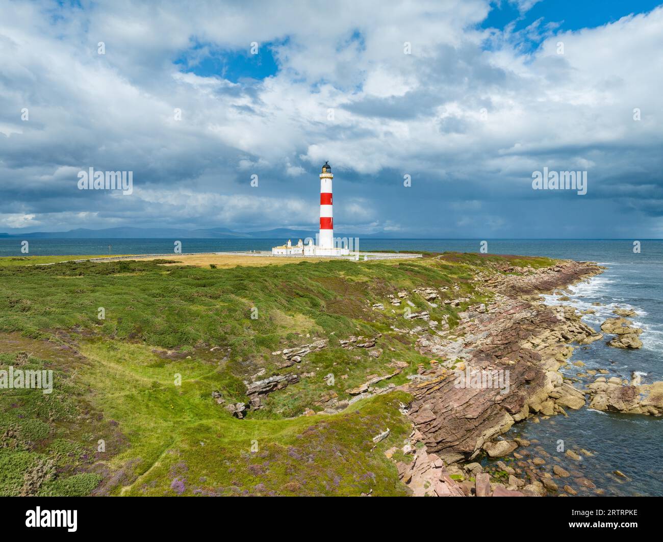 Aerial view of Tarbat Ness Lighthouse on the Moray Firth, Scotland ...