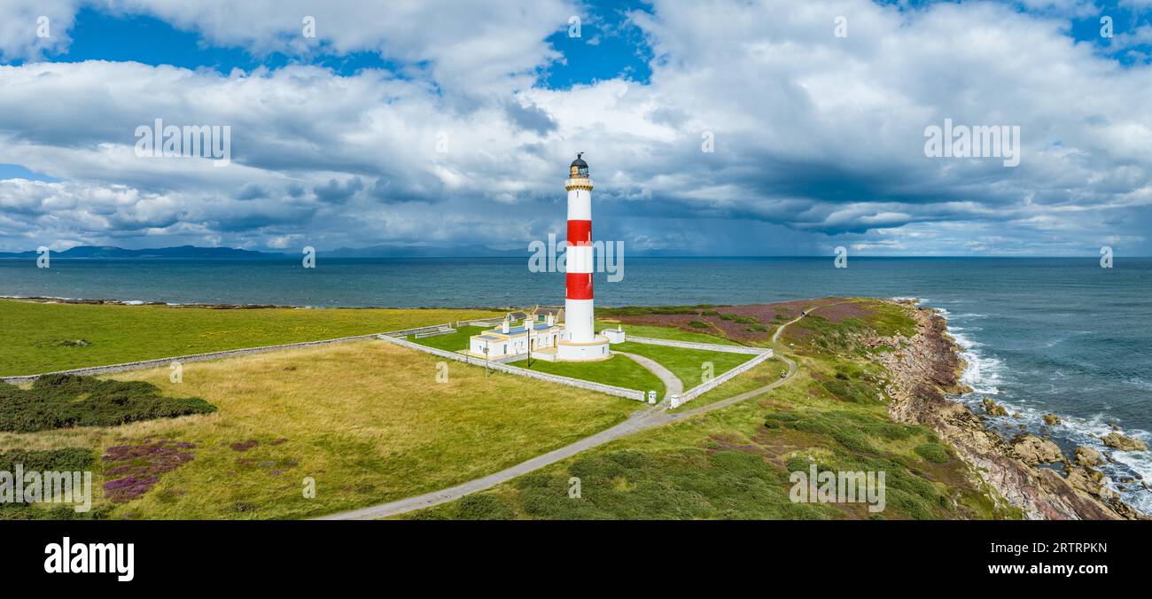 Aerial panorama of Tarbat Ness Lighthouse on the Moray Firth, Scotland ...