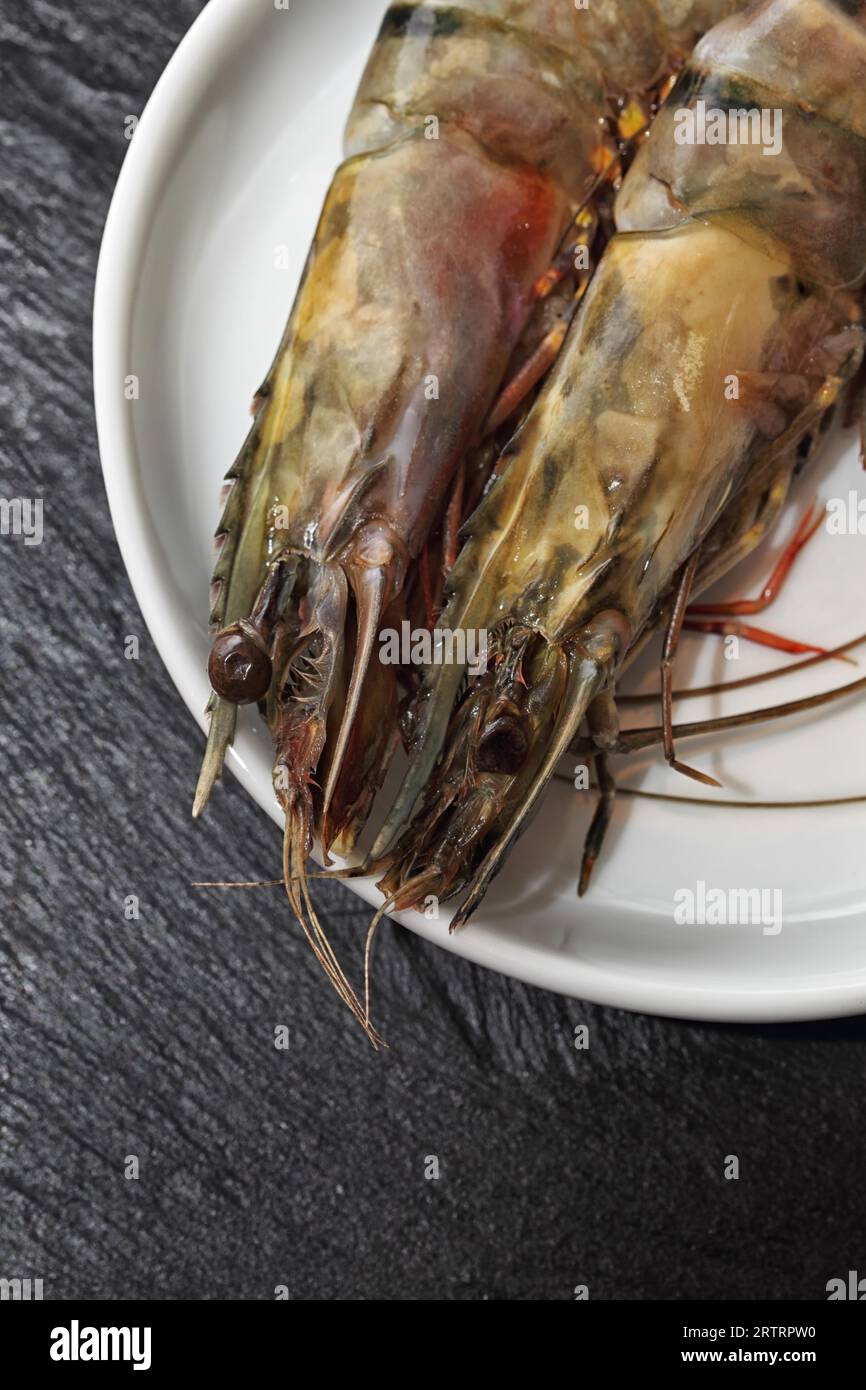 Raw unpeeled king prawns in white porcelain on black slate Stock Photo - Alamy