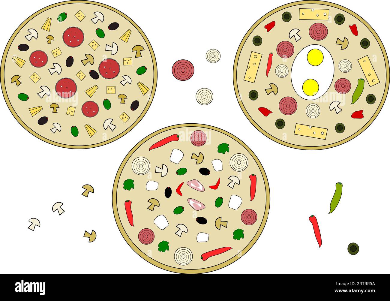 Three different pizzas, background ingredients for one pizza Stock ...