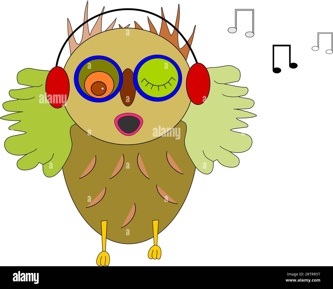 Owl listening to music through headphones, illustration -white ...