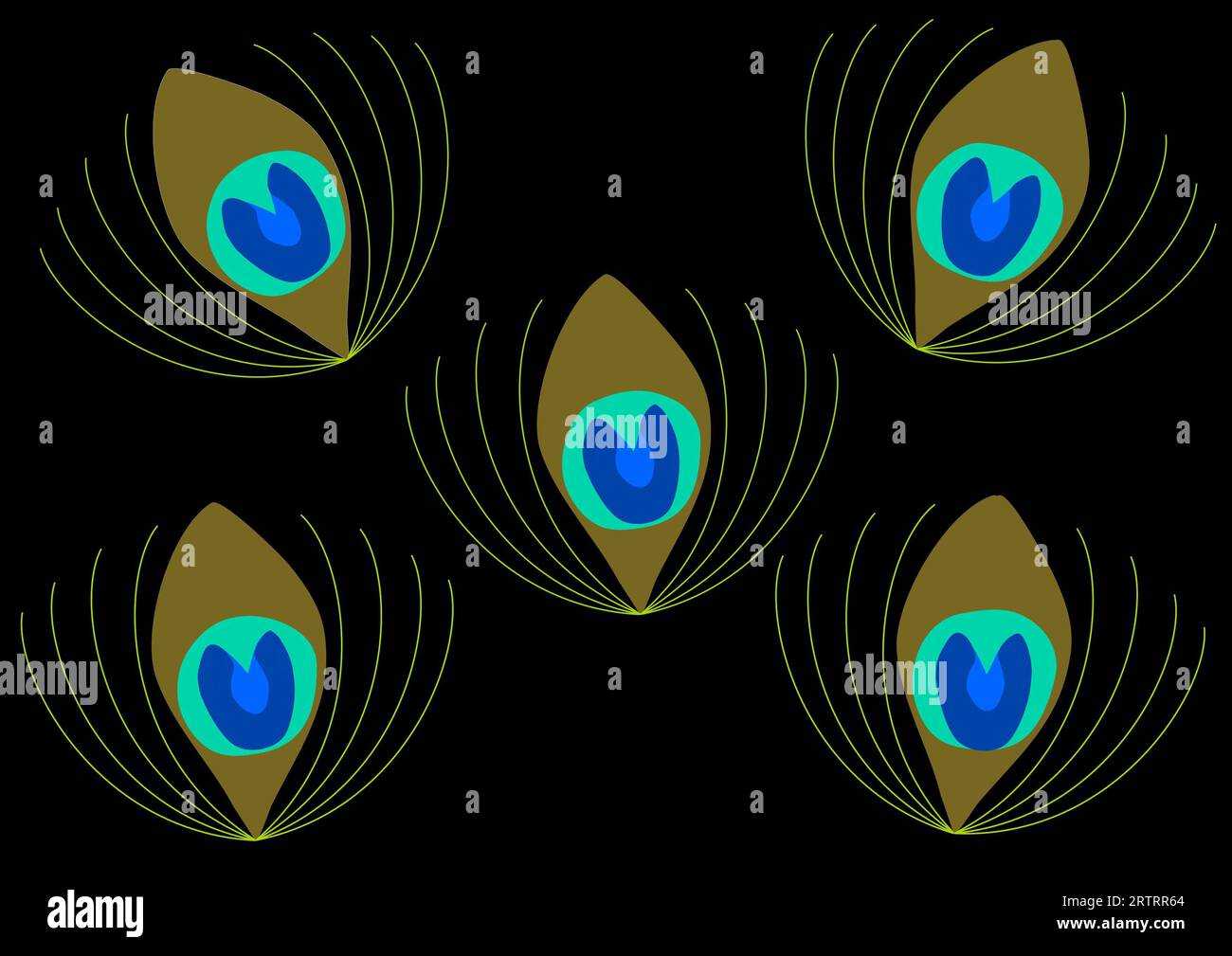 Five peacock feathers on a black background, illustration Stock Photo ...