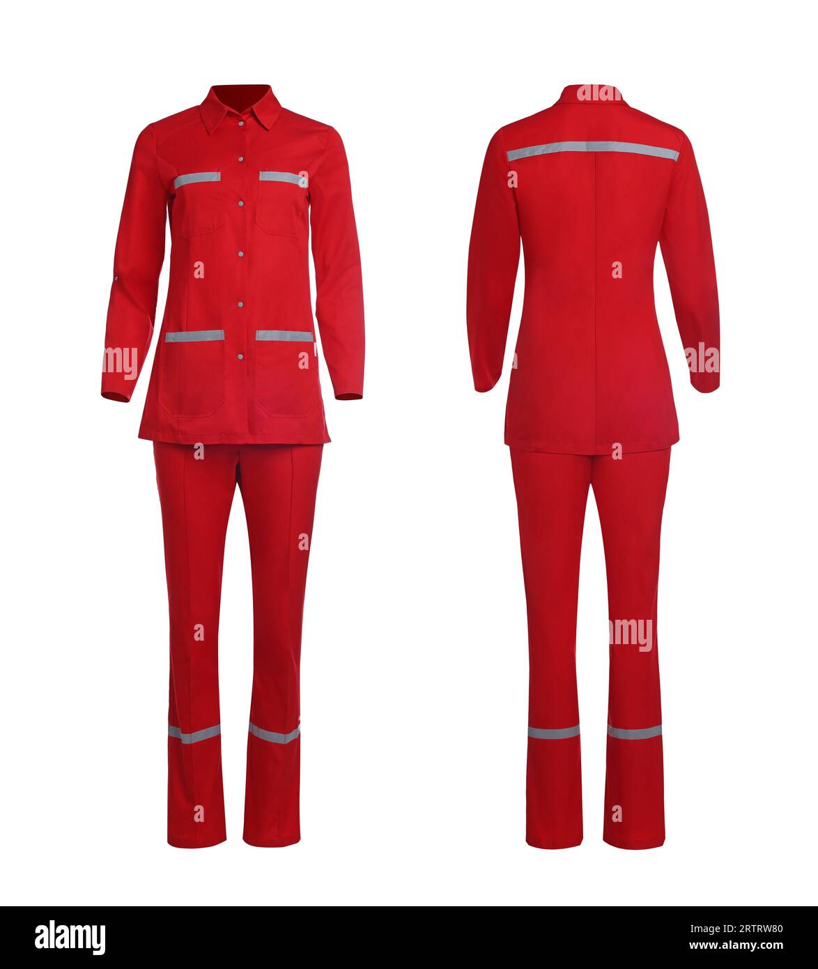 Red medical uniform isolated on white, collage with back and front ...