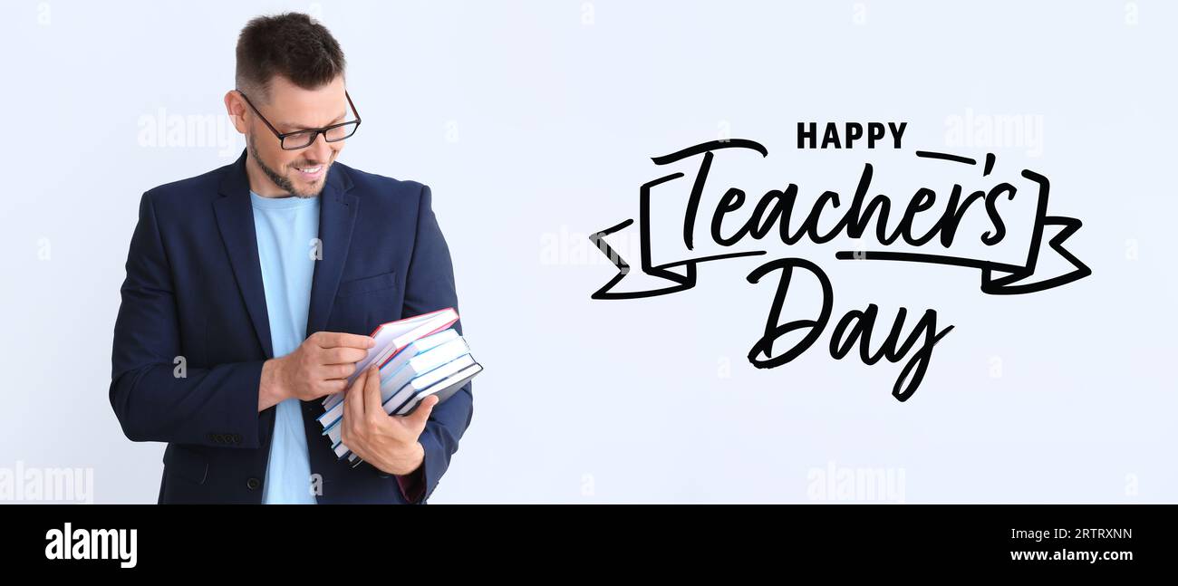 Male teacher with books on light background. Banner for Teacher's Day ...