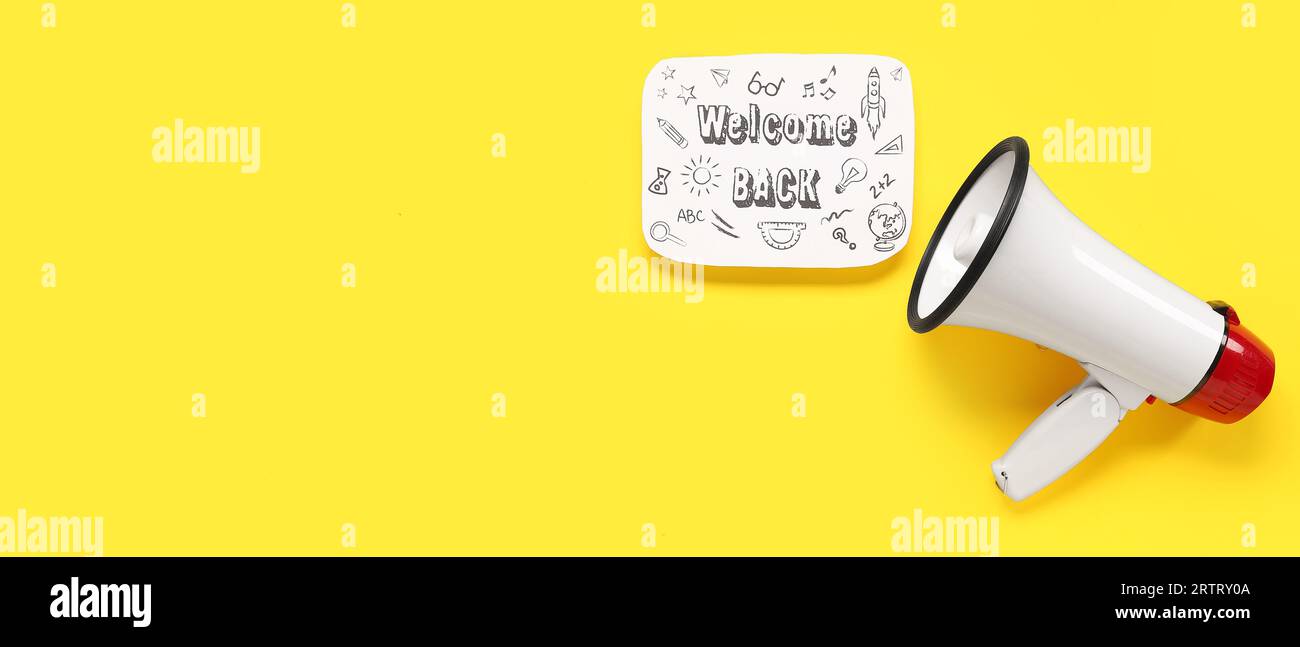 Megaphone and paper sheet with text WELCOME BACK on yellow background ...