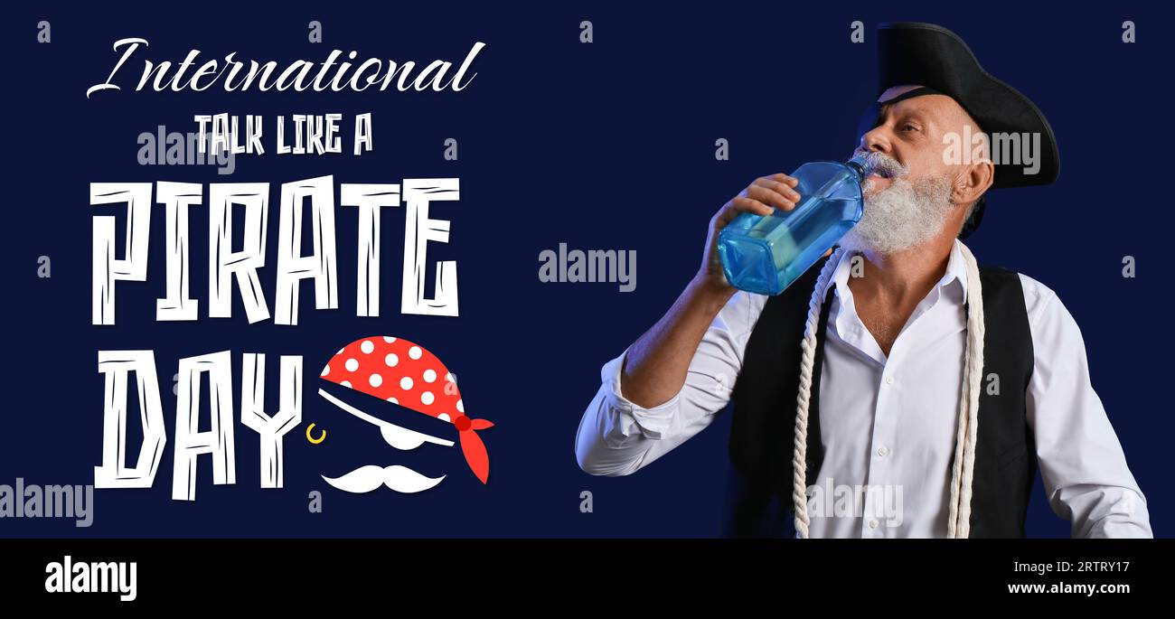 Mature pirate with alcohol on dark background. Talk Like a Pirate Day ...